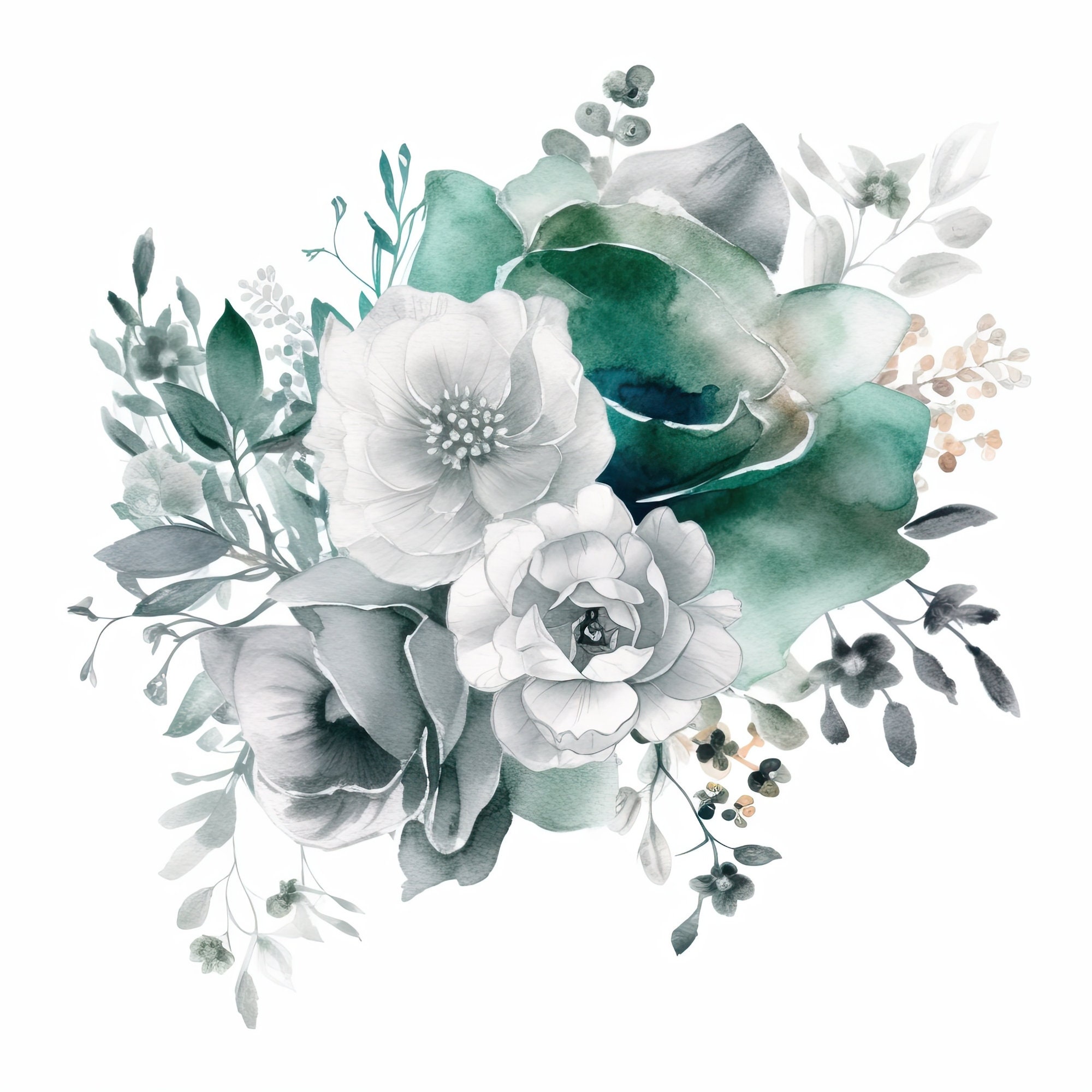 Emerald and Silver Floral Clipart: Rose & Green Bouquets, Vintage ...
