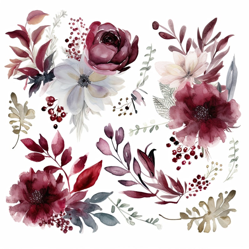 Burgundy and Silver Floral Clipart 28 High-quality Jpgs Watercolor ...