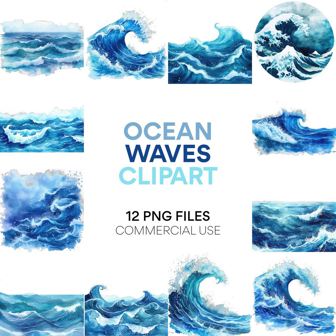 Ocean Waves Clipart - Digital Sea Art, Watercolor Marine PNG, Boat and ...