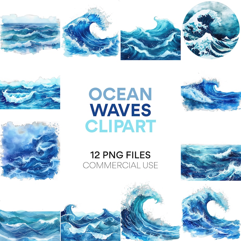 Ocean Waves Clipart - Digital Sea Art, Watercolor Marine PNG, Boat and ...