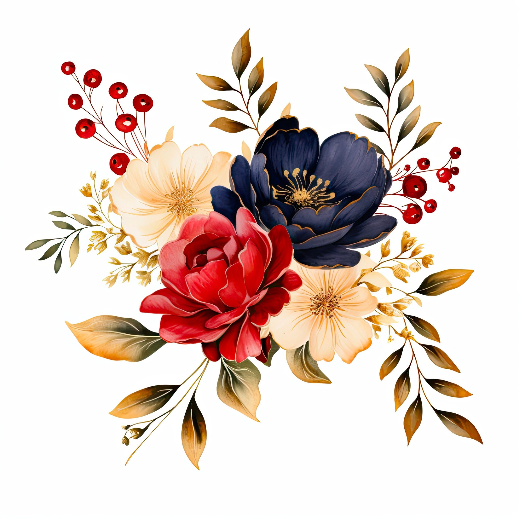 Navy Red and Gold Floral Bouquets Clipart Vintage Flower, Rustic Floral ...