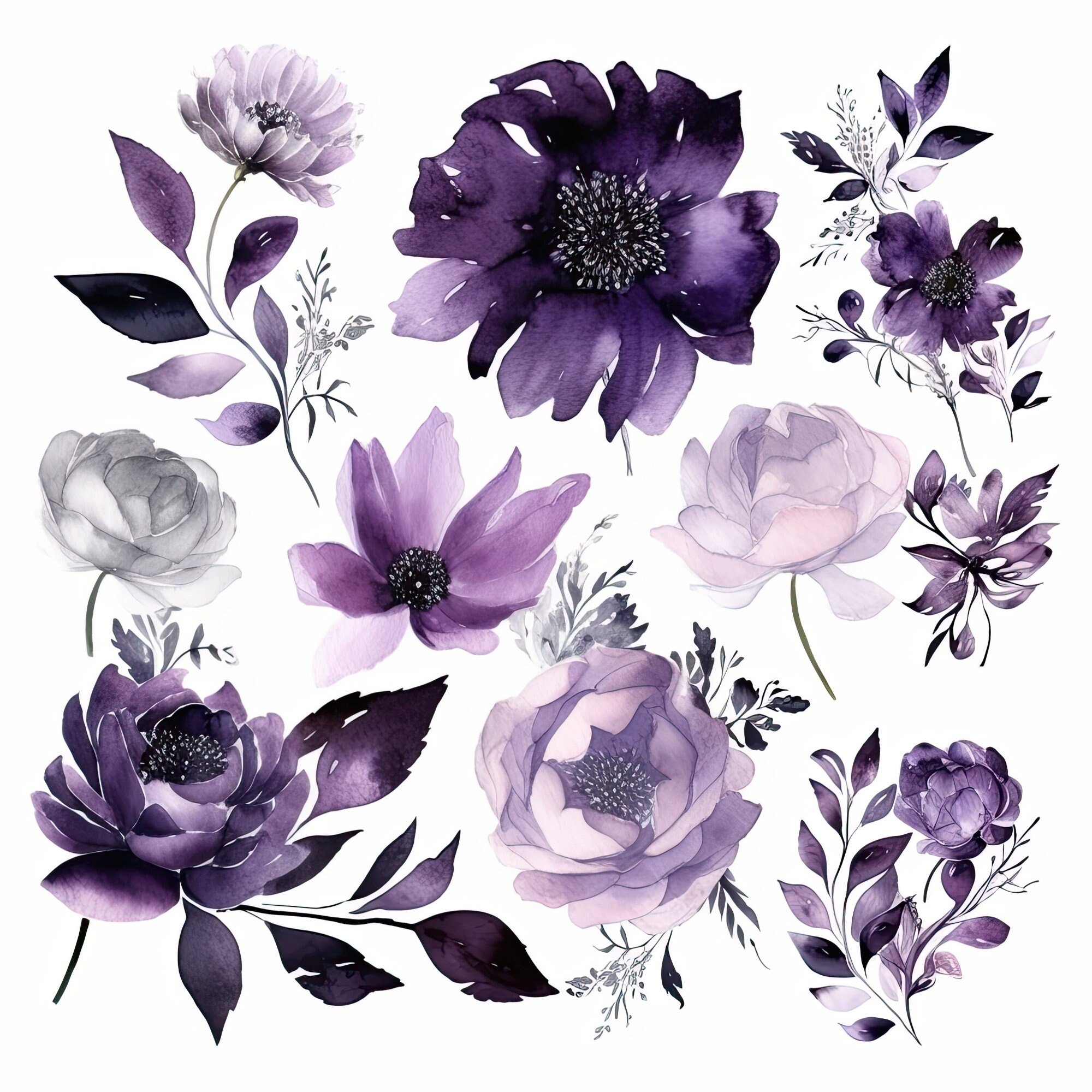 Black Purple & Silver Floral Clipart - Vintage Lavender Bouquets ...
