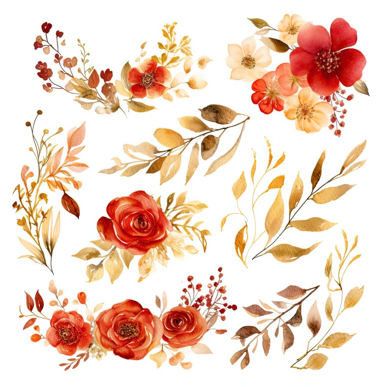 Red and Gold Floral Elements Clipart Create Your Own Rustic Bouquets ...