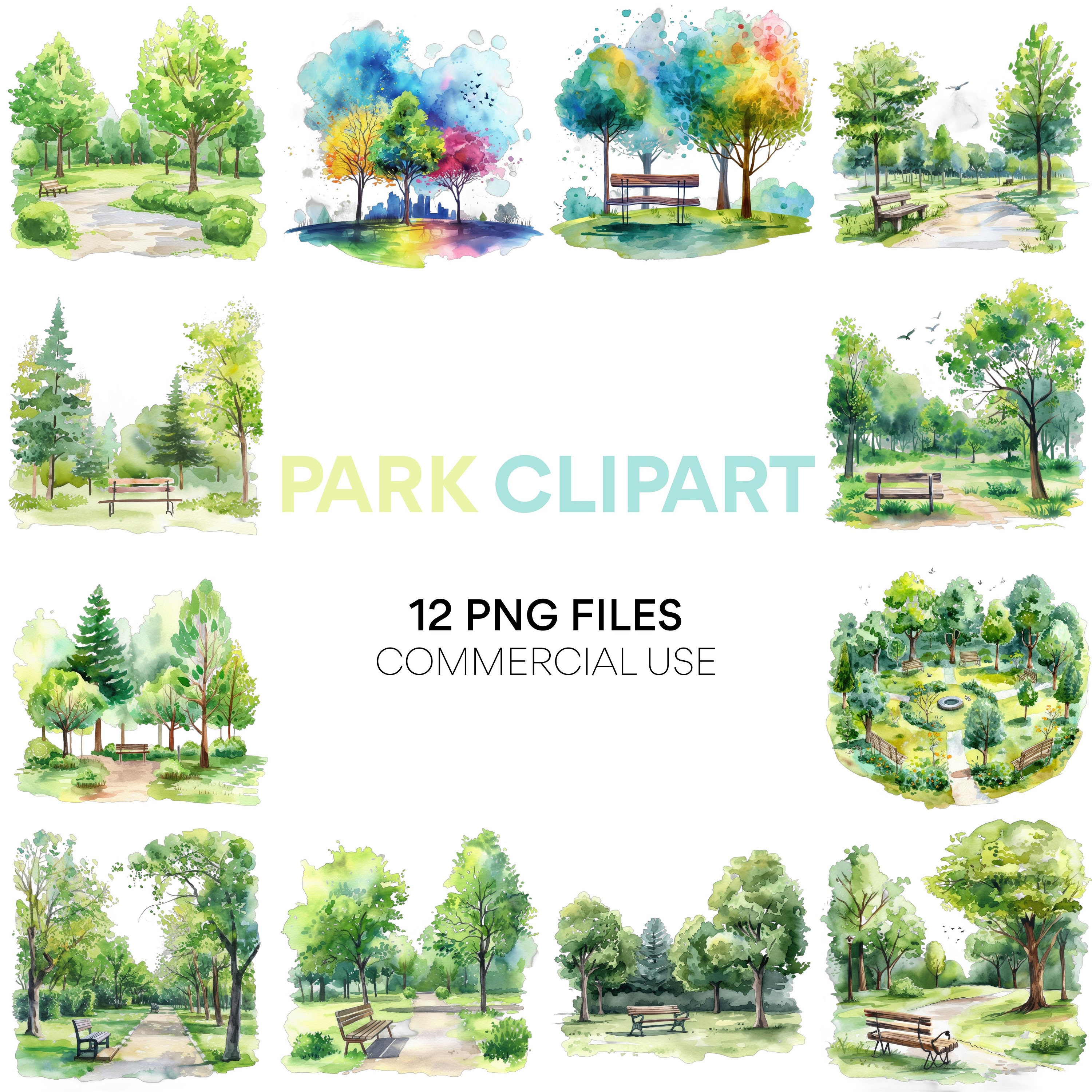 Park Clipart: Watercolor Landscape, Park Bench, PNG Digital Download ...