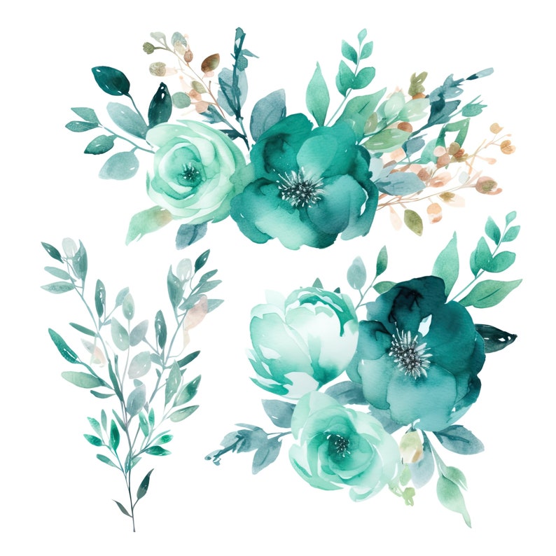 Turquoise Bouquets Floral Clipart: Rustic Wedding Vintage Flowers, Teal ...