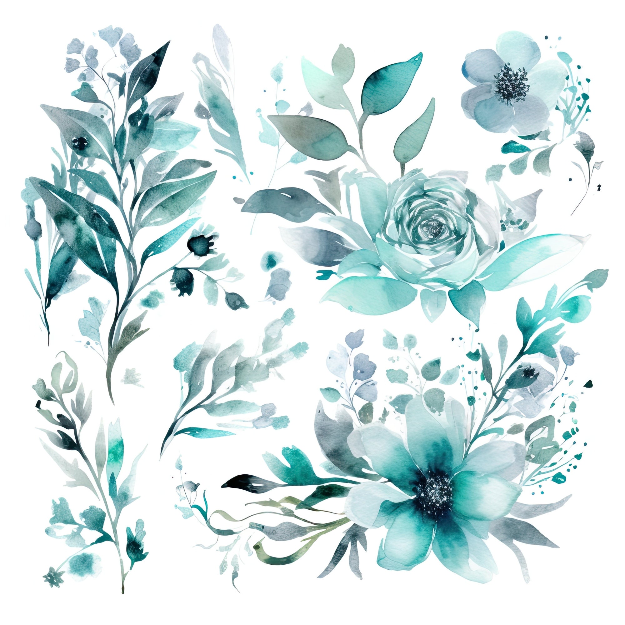 Aqua and Silver Floral Clipart Aqua Floral, Rustic Flower Border ...