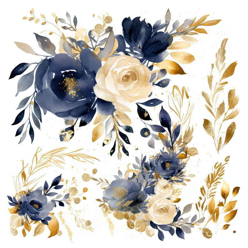 Navy and Gold Floral Clipart Vintage Blue and Gold Flower Art, Rose ...