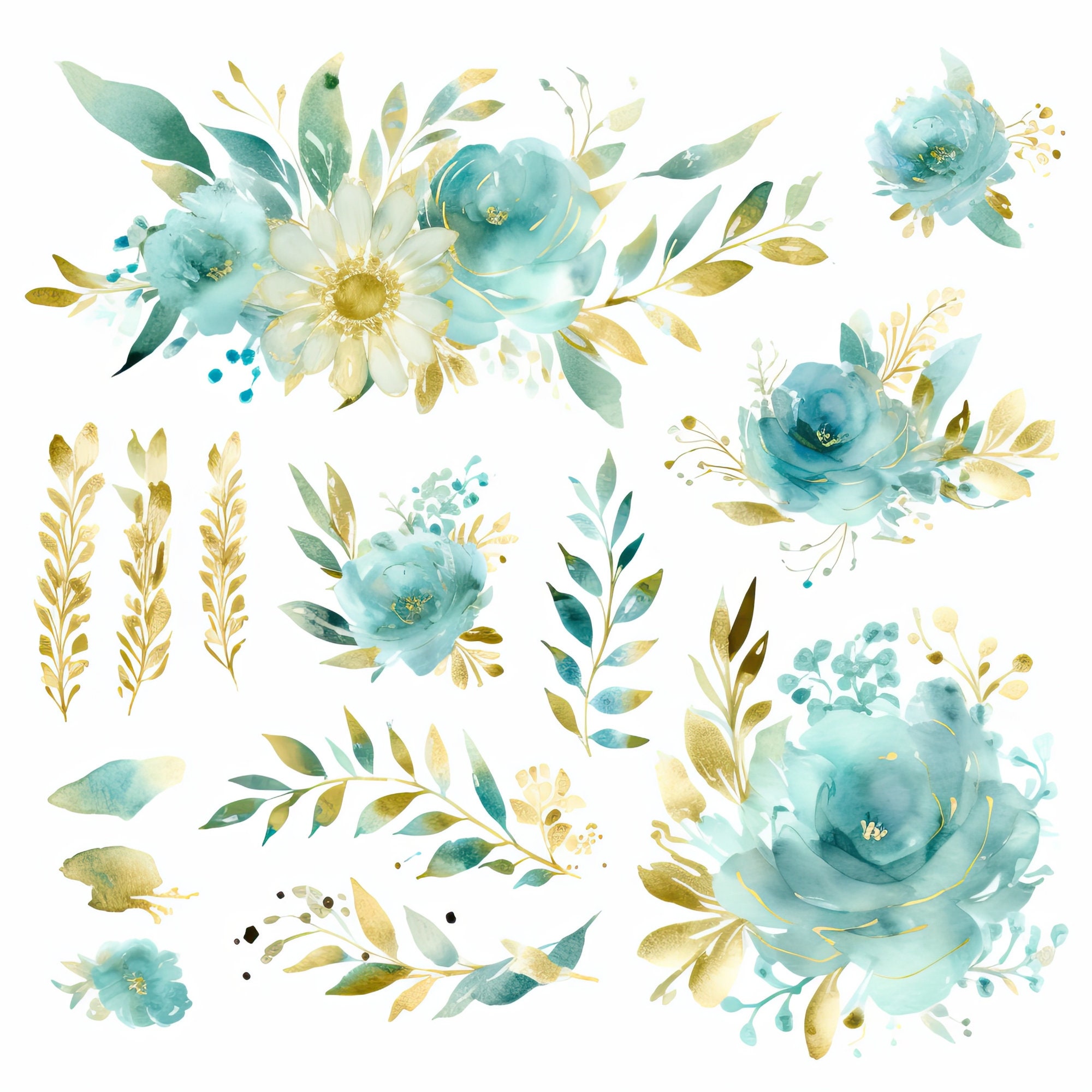 Aqua and Gold Floral Clipart, Aqua Flowers, Watercolor Floral Clip Art ...