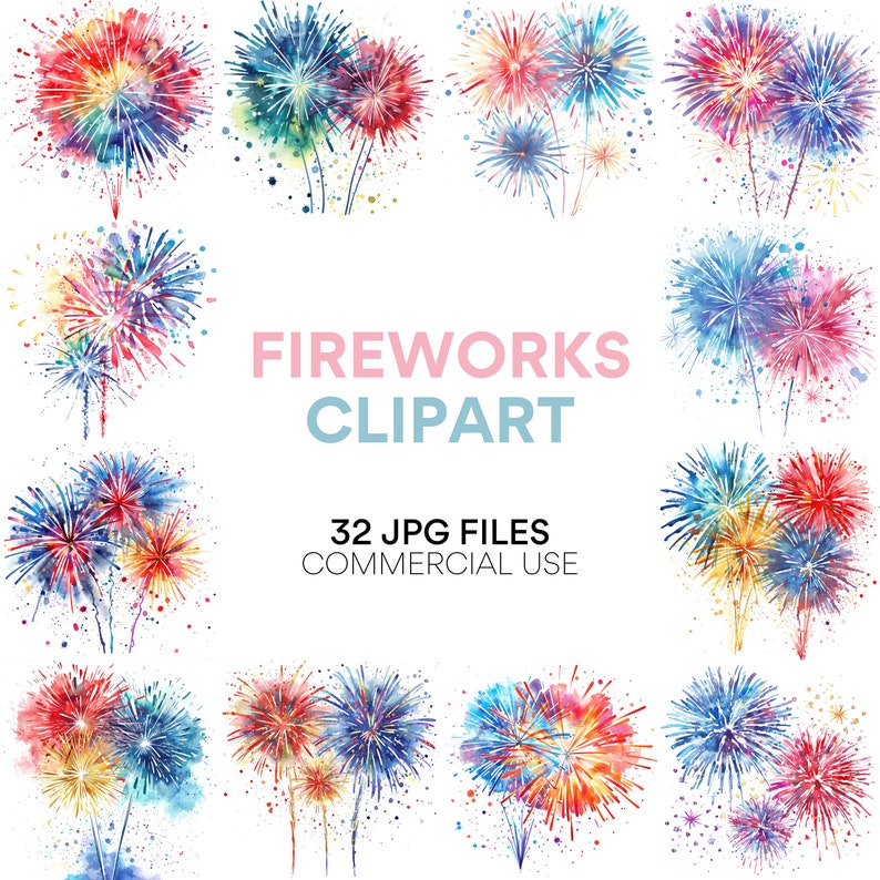 Fireworks Clipart, Watercolor Fireworks, Patriotic & BBQ Clipart for ...