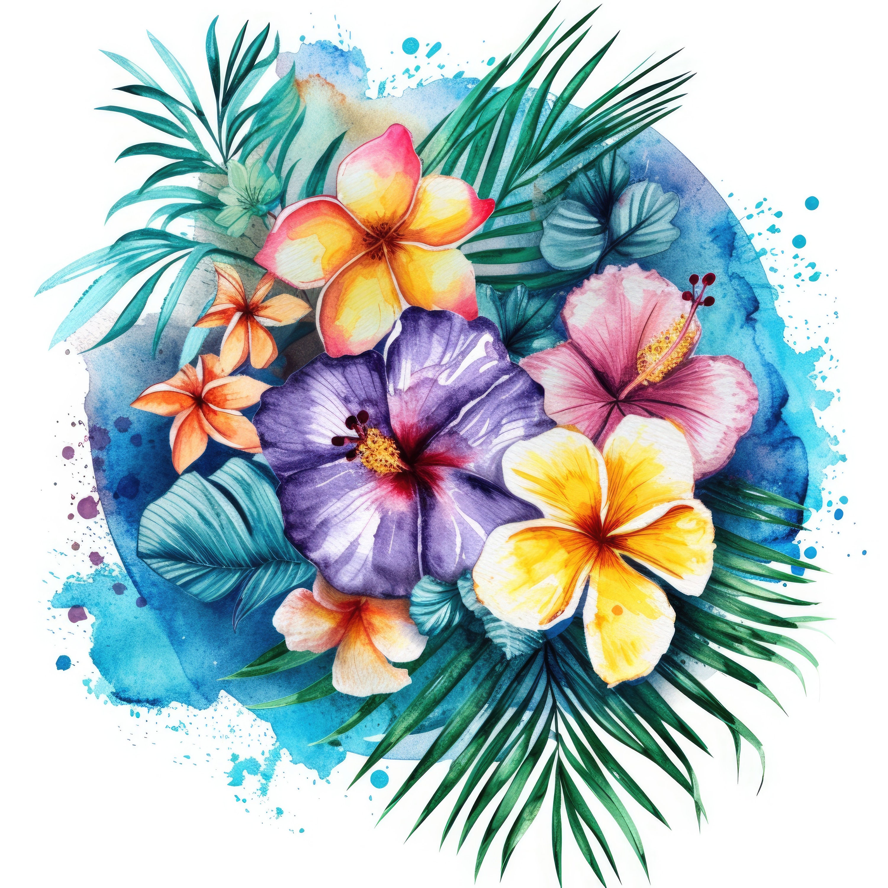Hawaii Watercolor Clipart: Summer Hawaiian Tropical Flowers, Luau, Palm ...