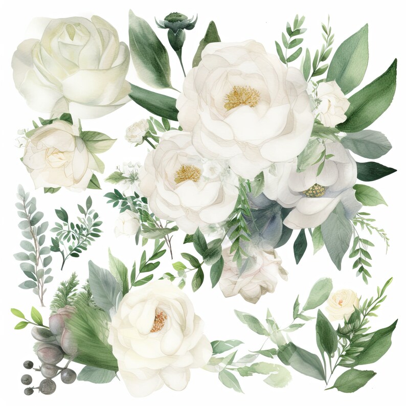 White Wedding Florals Clipart: Rustic Floral Wedding Flowers, White ...