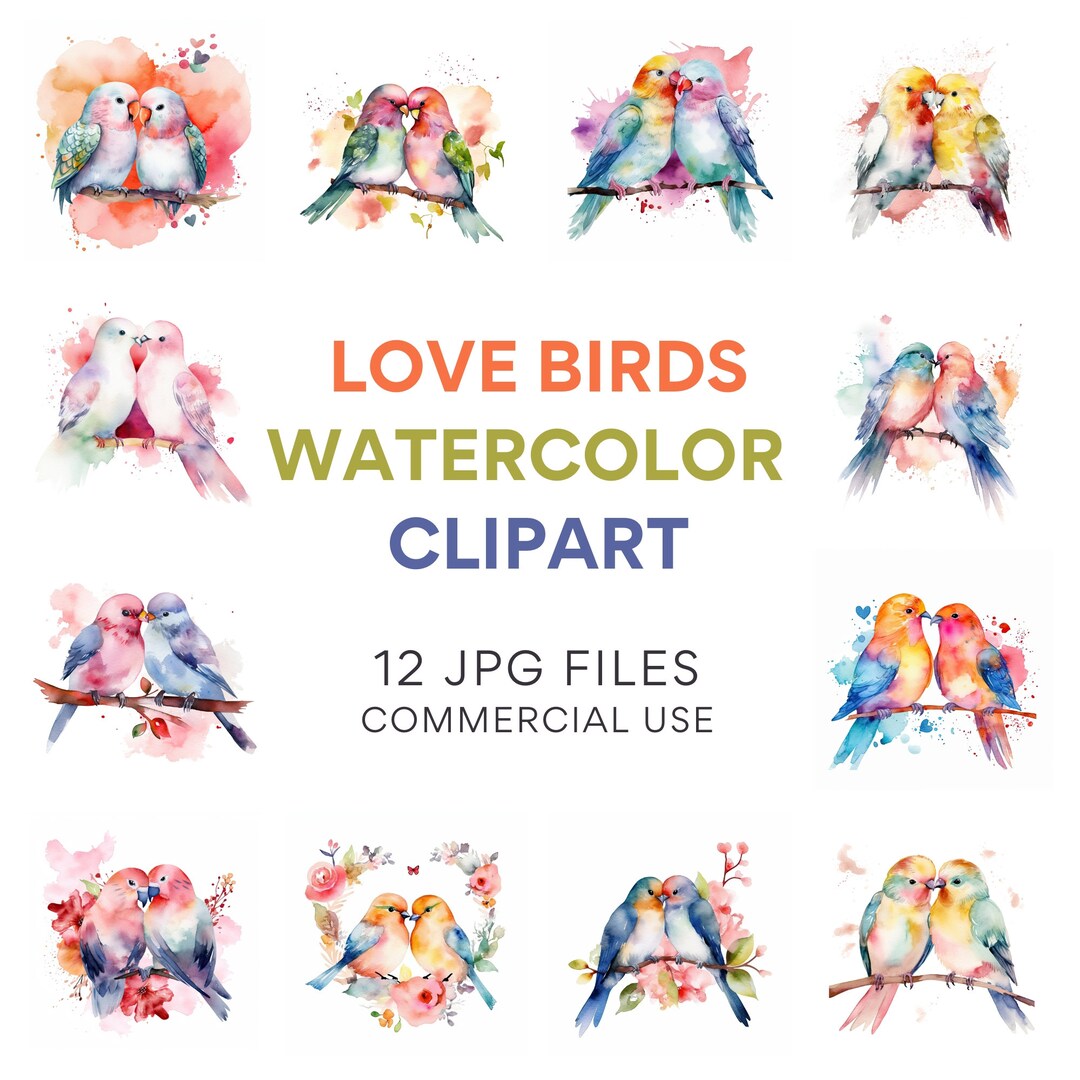 Love Birds Clipart Watercolor Printable Art, Beautiful Bird JPG Instant ...