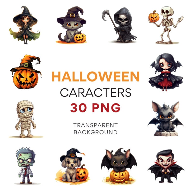 Halloween Characters Set - 30 PNG Clipart, Halloween Illustration ...