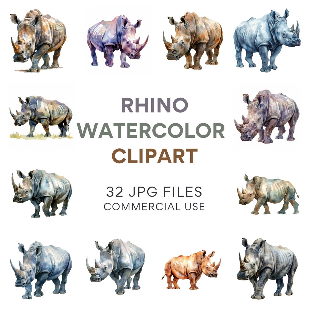 Rhino Clipart Pack: Watercolor Animal Clipart, Digital Crafting ...
