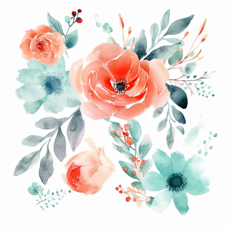 Turquoise and Coral Floral Clipart, Rustic Wedding Flowers, Aqua and ...