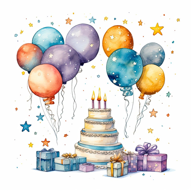 Birthday Party Clip Art Set, Watercolor Clipart Bundle, Colorful ...