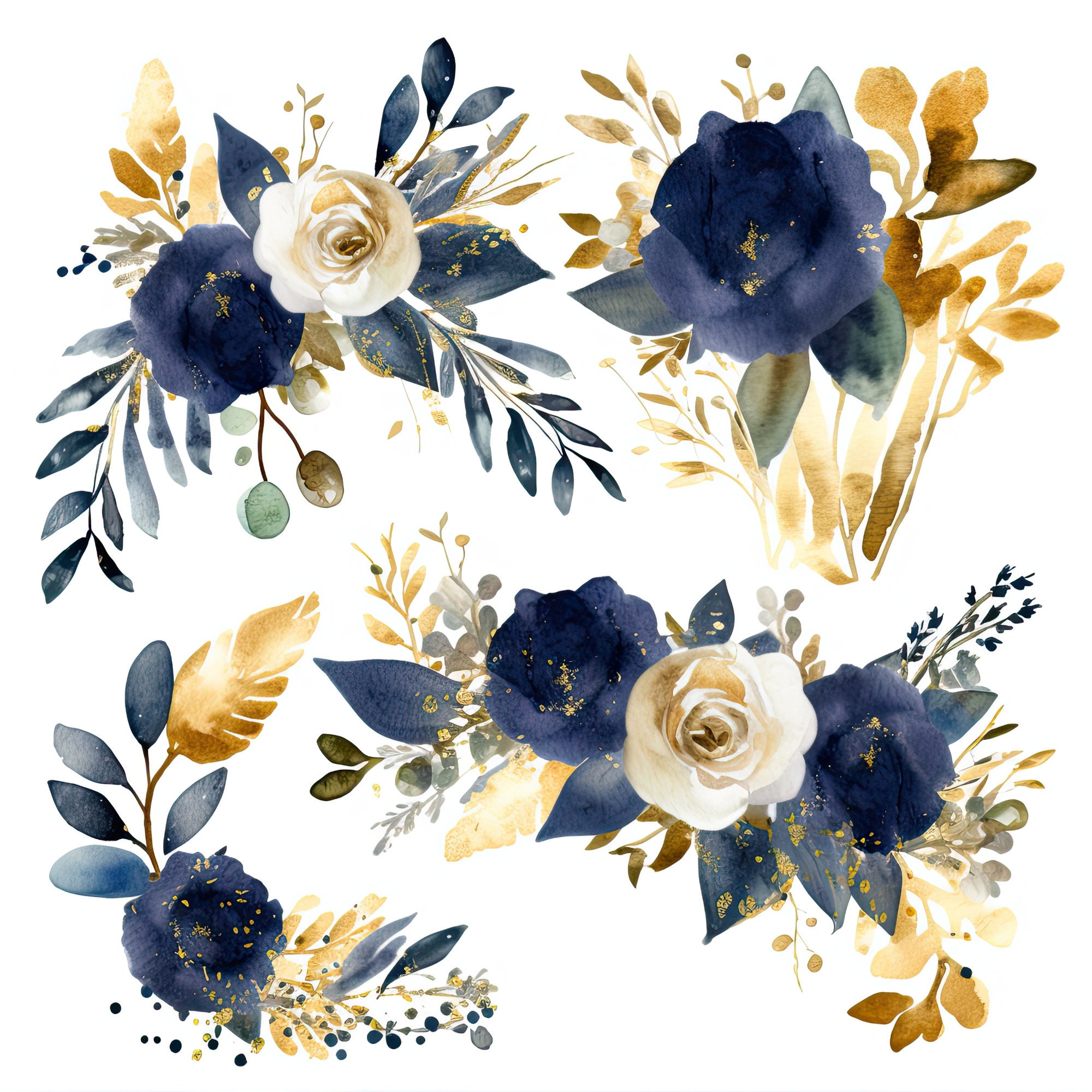 Navy and Gold Floral Bouquets Clipart: Vintage Flowers for Wedding ...