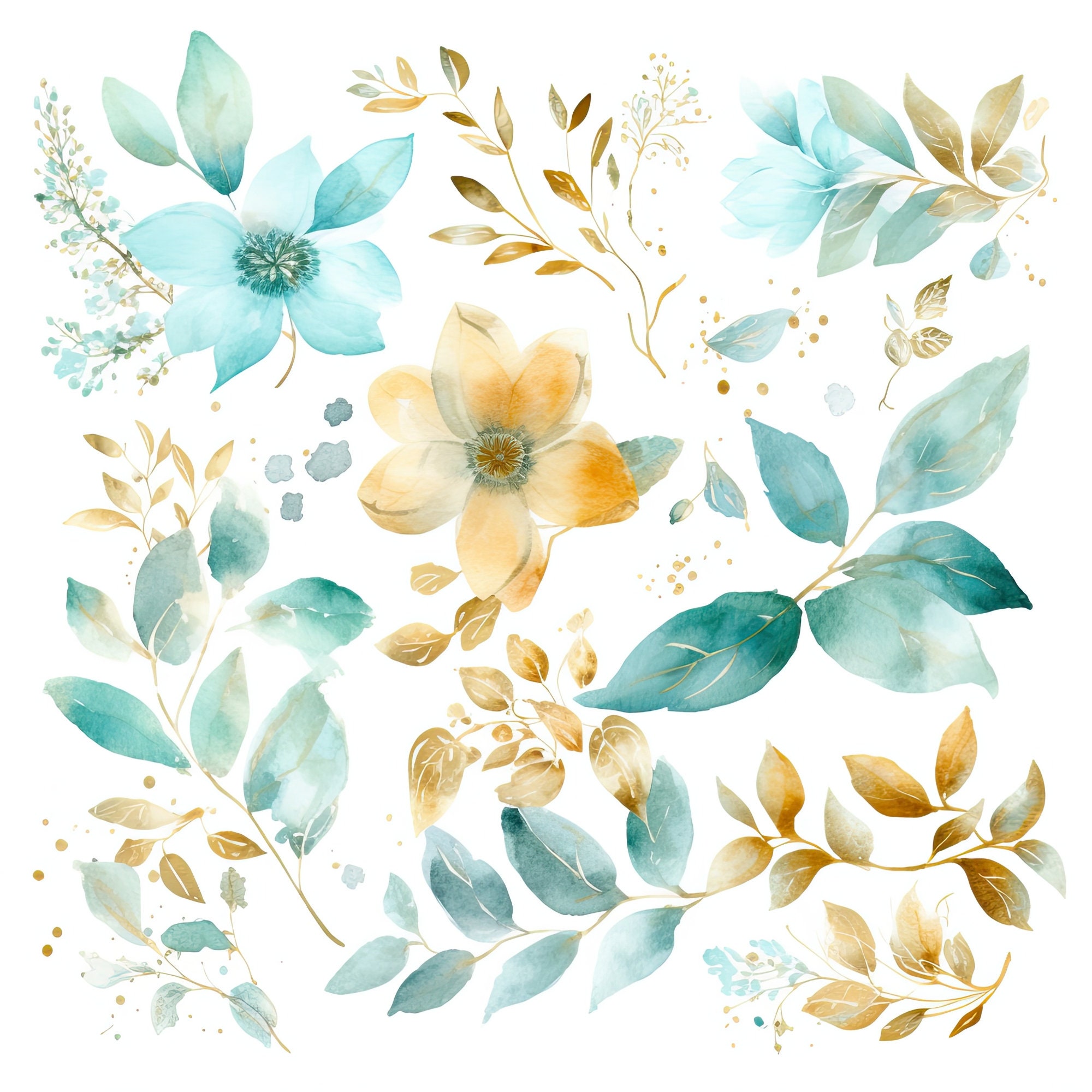 Aqua and Gold Floral Clipart, Aqua Flowers, Watercolor Floral Clip Art ...