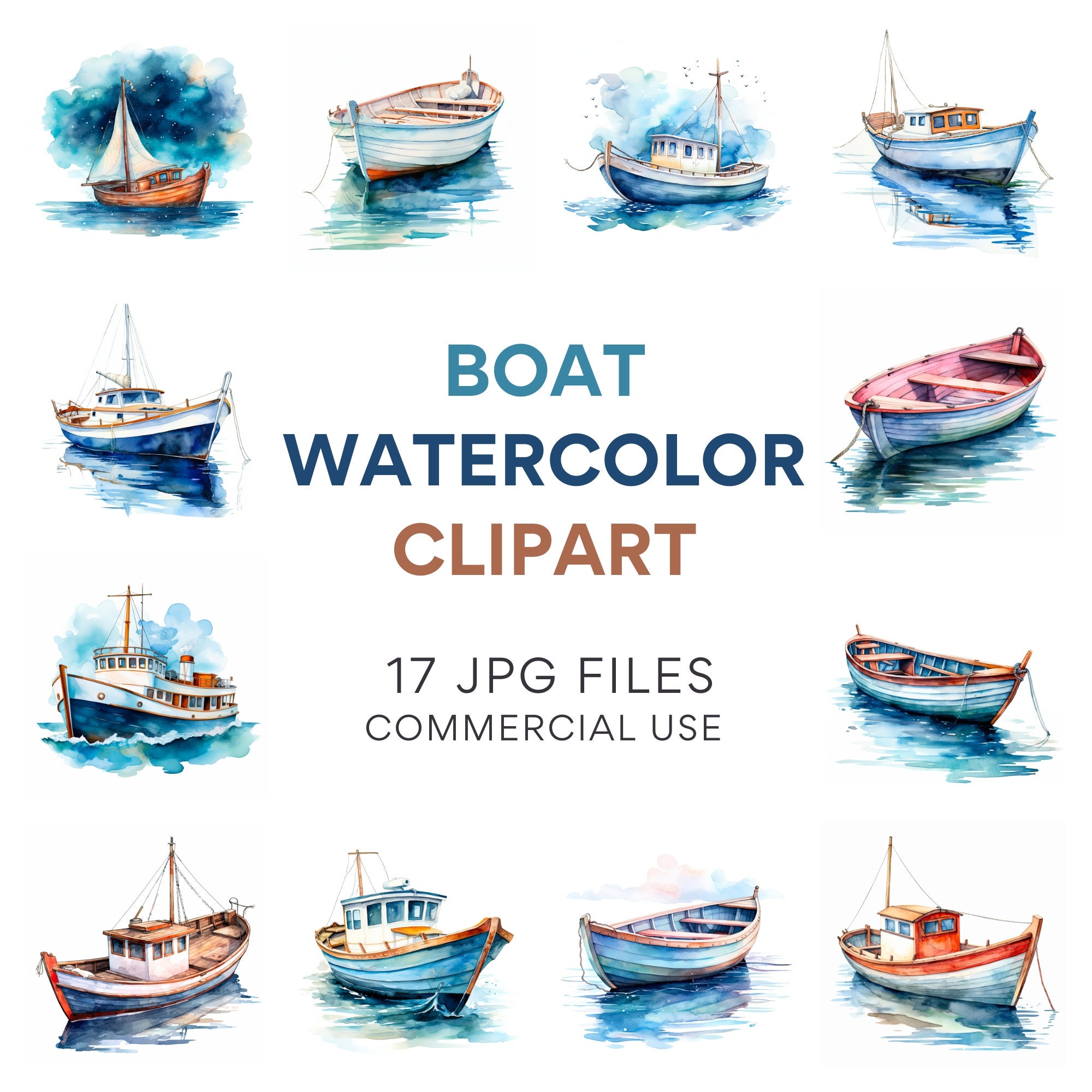Boat Clipart Bundle, Nautical Digital Clip Art, Watercolor Coastal Wall ...