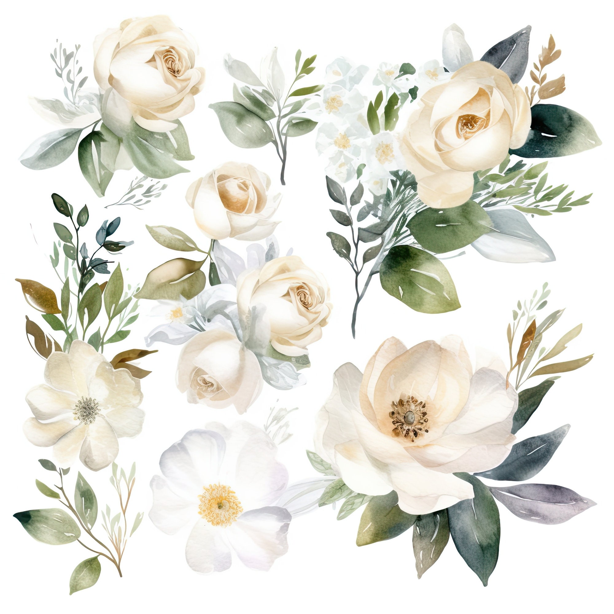 White Wedding Florals Clipart: Rustic Floral Wedding Flowers, White ...
