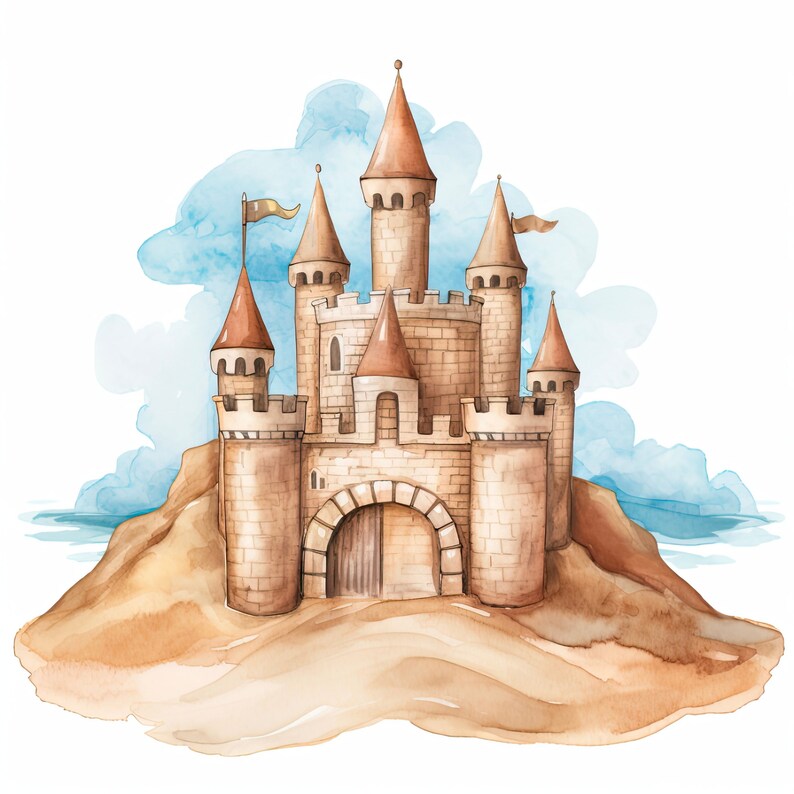 Sand Castle Clip Art: Watercolor Beach & Summer Clipart, Commercial Use ...