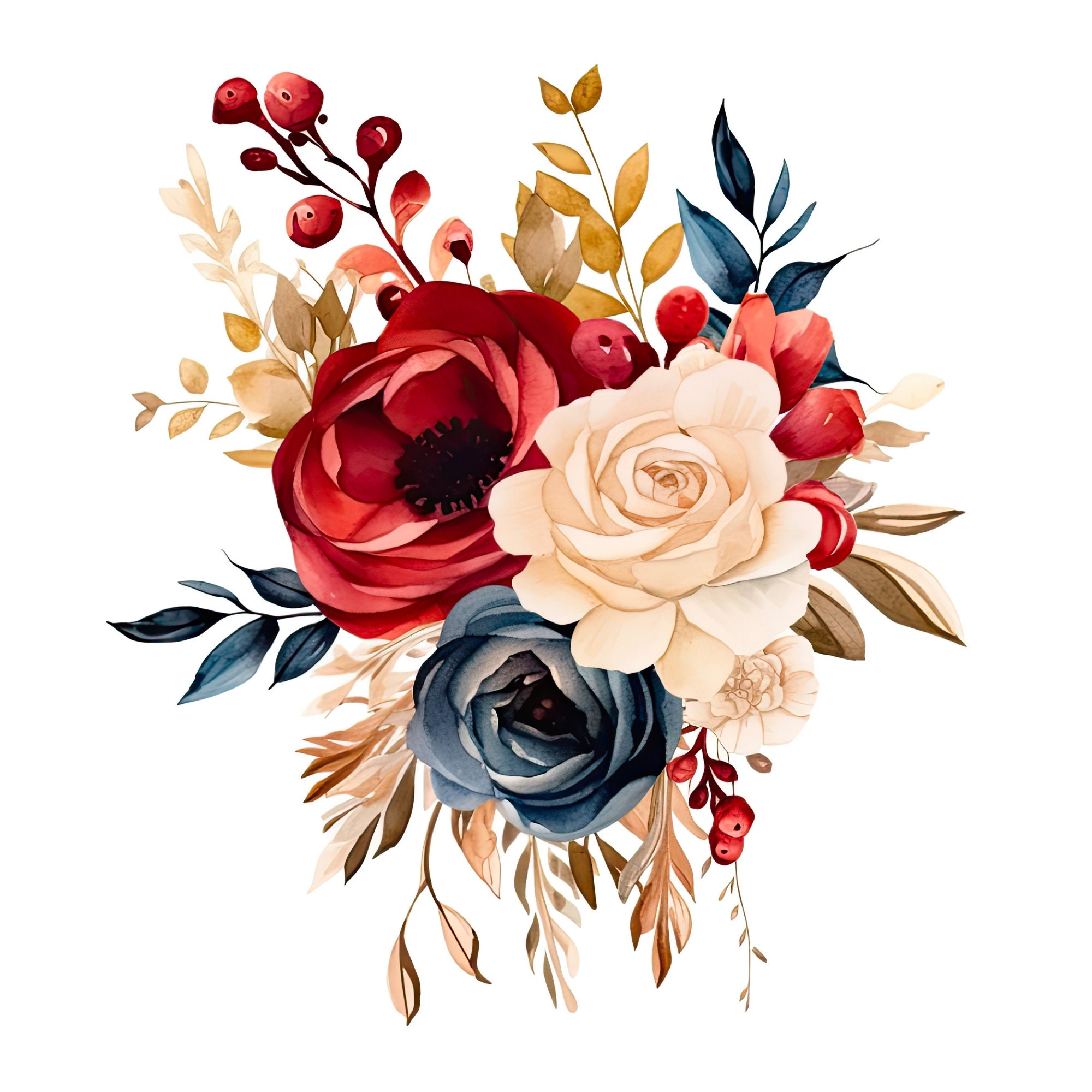 Navy Red and Gold Floral Bouquets Clipart Vintage Flower, Rustic Floral ...