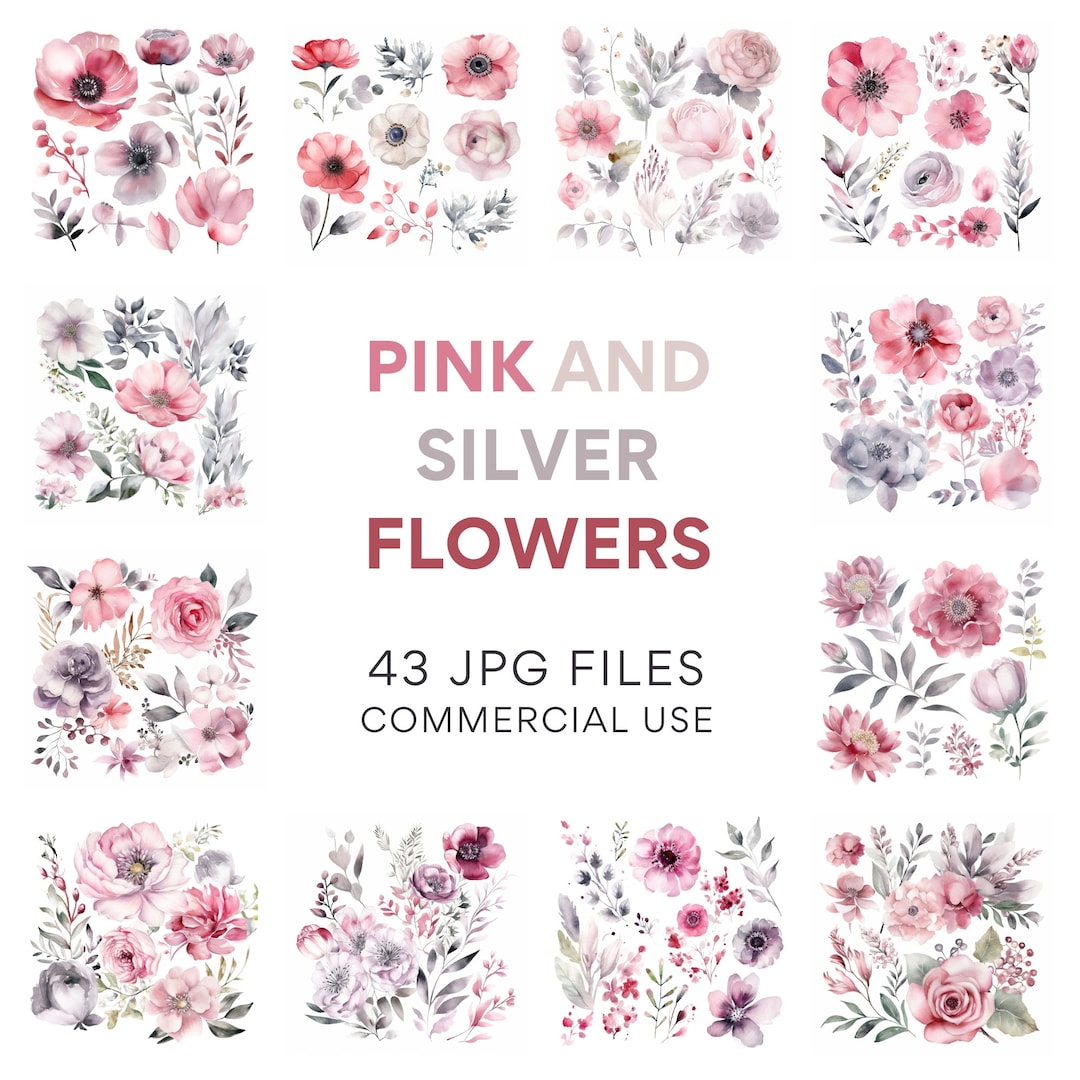 Pink and Silver Watercolor Flowers Clipart, Floral Watercolor Bouquets ...