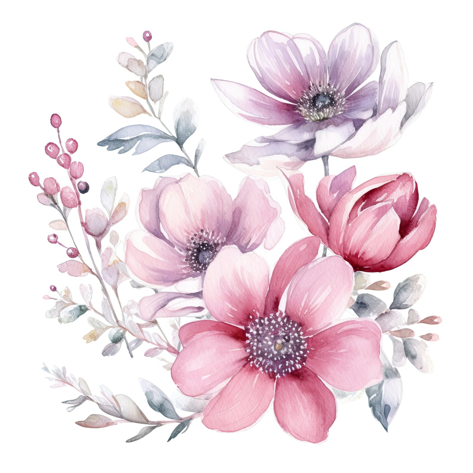 Pink and Silver Floral Clipart: Vintage Flowers With Silver Glitter ...