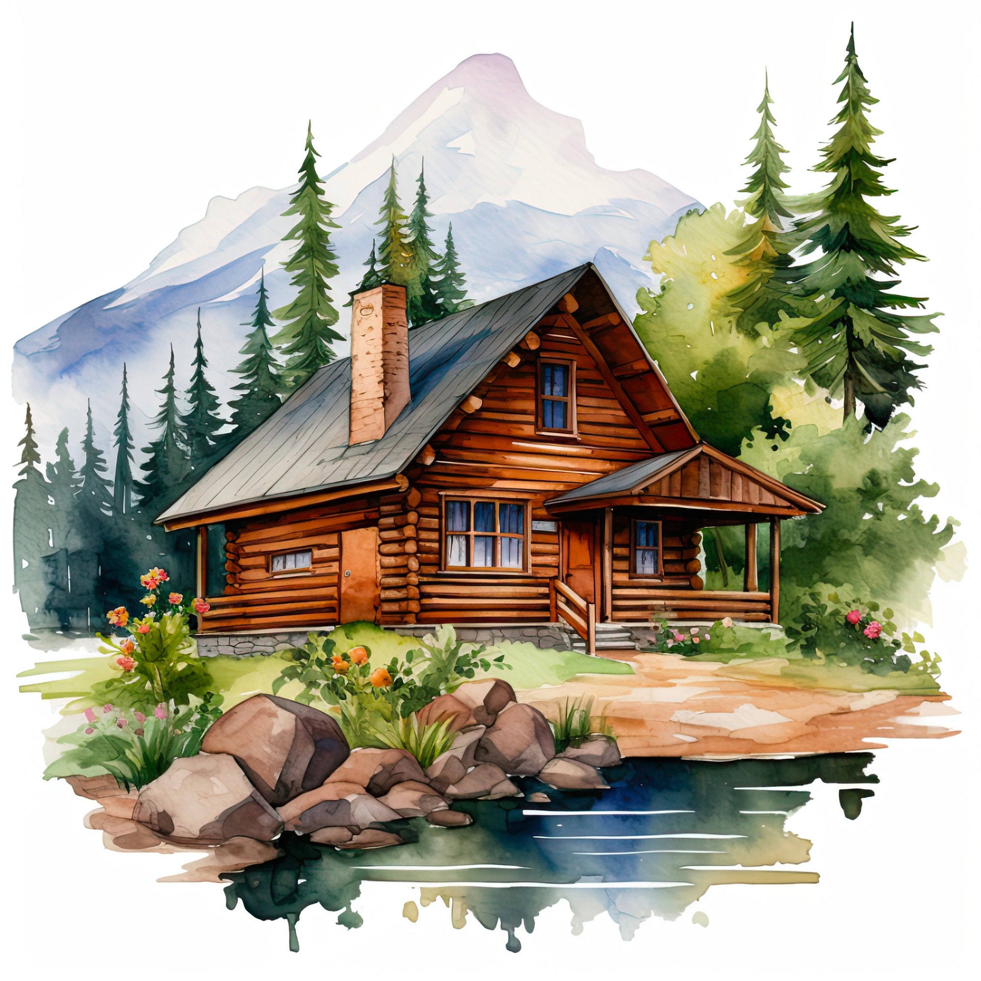 Cabin Clipart Bundle - Watercolor Cabin, Log Cabin Clipart, Digital Download, Commercial Use ...