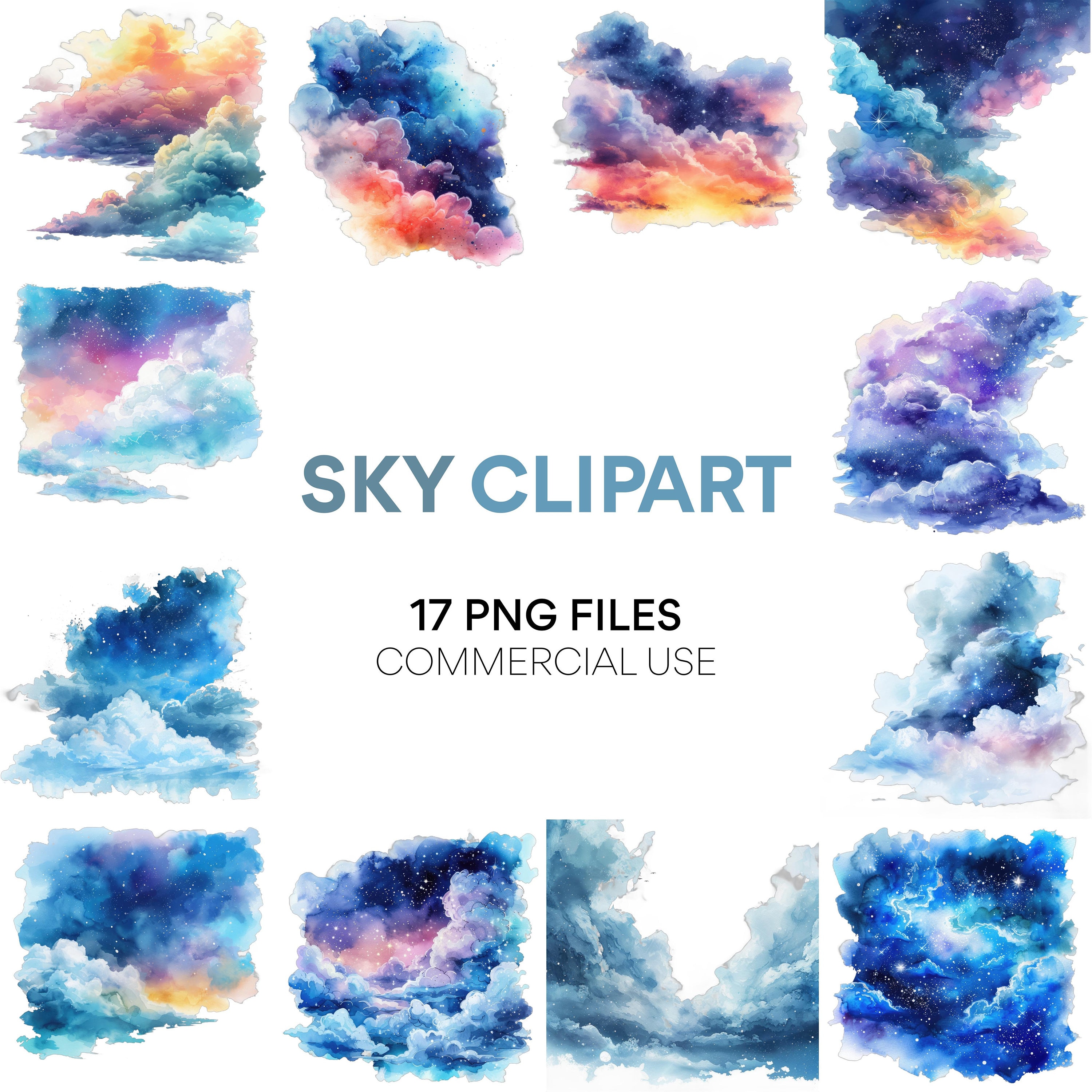 Sky Clipart Digital Paper: Night Sky Scrapbooking Paper, Watercolor Sky ...