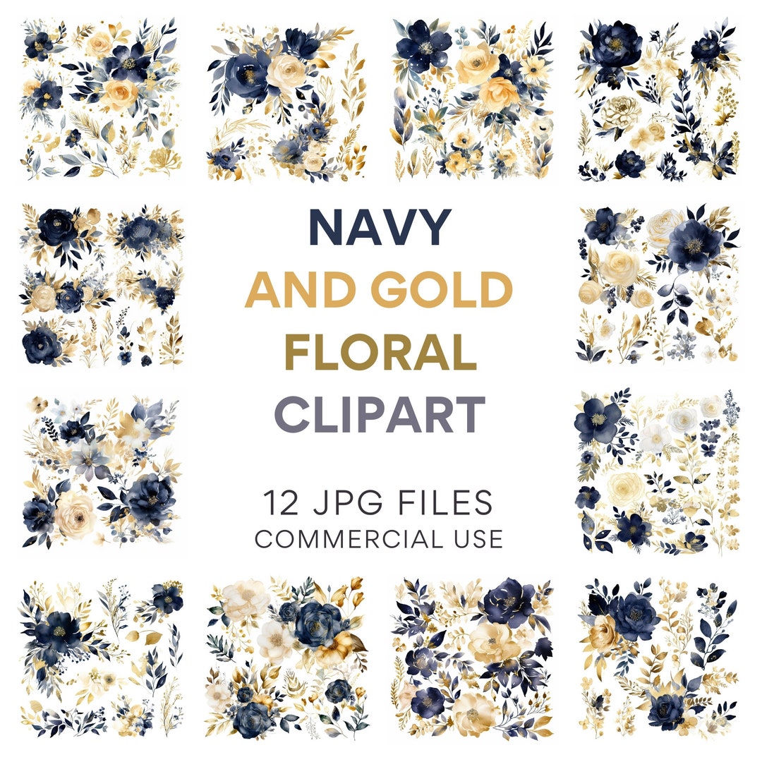 Navy and Gold Floral Clipart - Vintage Blue and Gold Flower Art, Rose ...