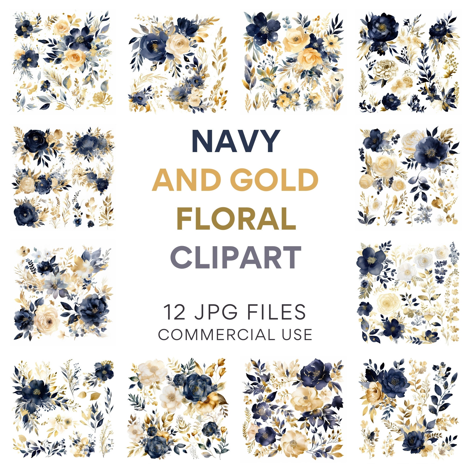 Navy and Gold Floral Clipart - Vintage Blue and Gold Flower Art, Rose ...