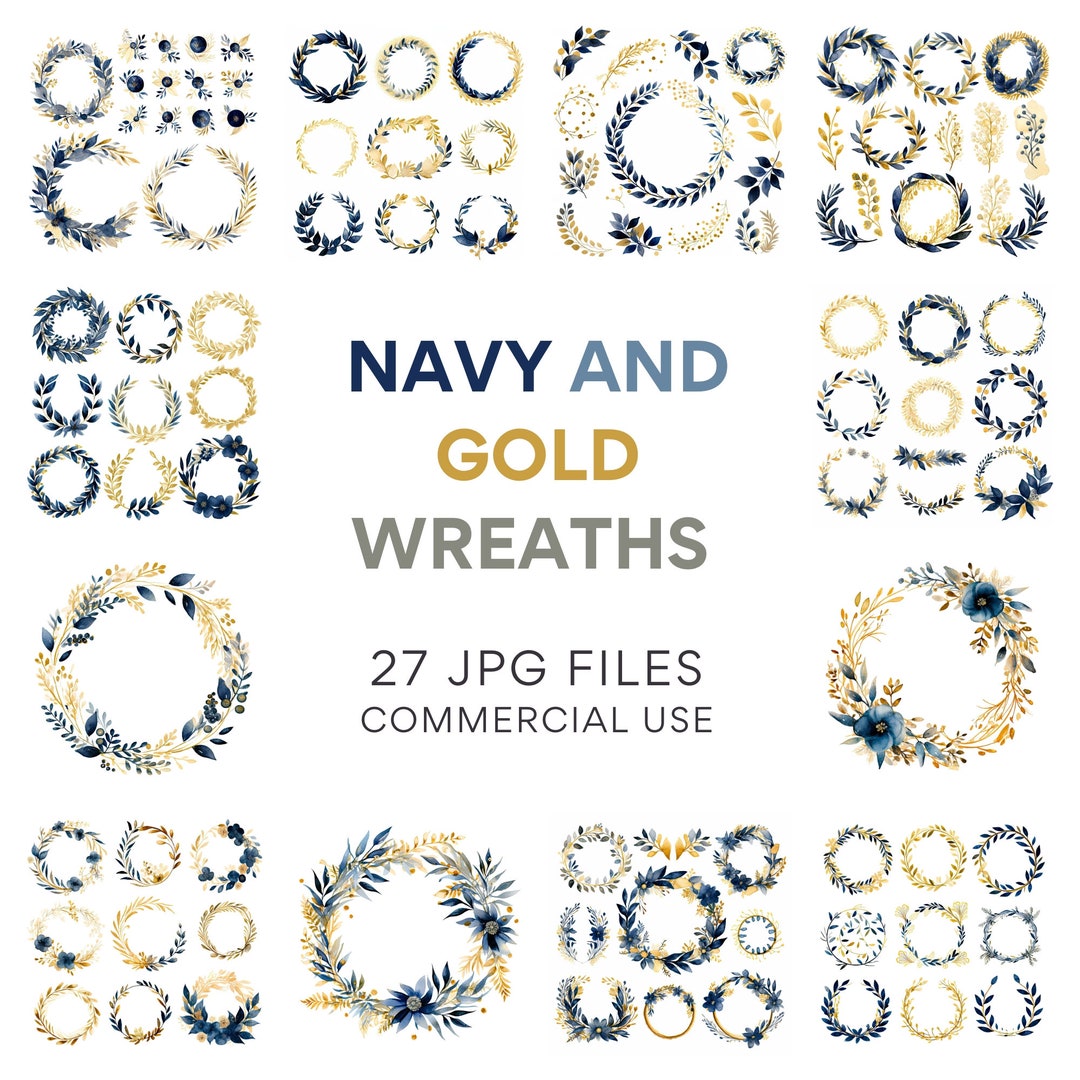 Navy and Gold Wreaths Clipart Rose, Floral, Gold Glitter & Blue Rose ...