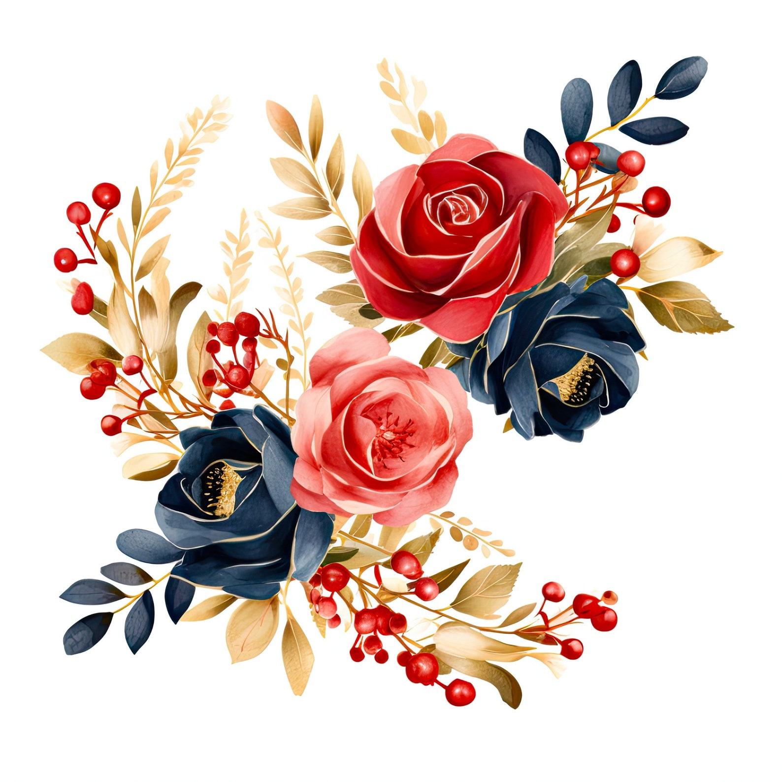 Navy Red and Gold Floral Bouquets Clipart Vintage Flower, Rustic Floral ...
