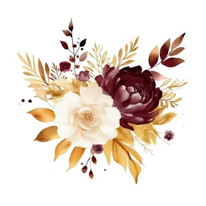 Maroon and Gold Floral Clipart: Rustic Flowers, Maroon Floral Bouquets ...