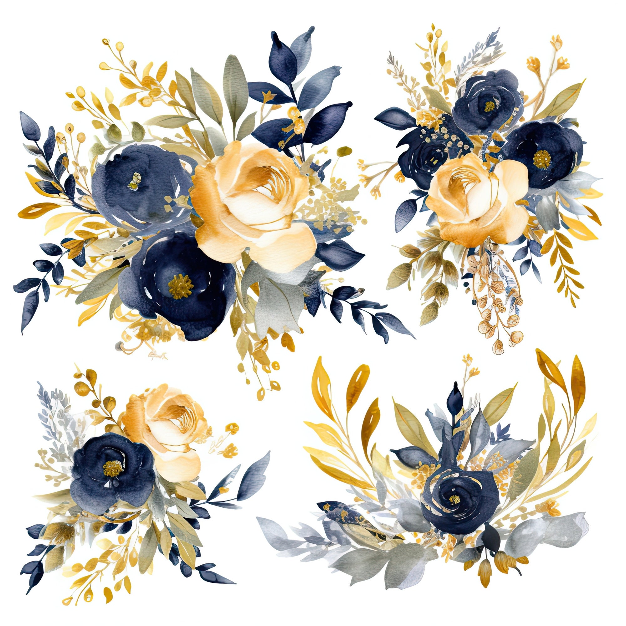 Navy and Gold Floral Bouquets Clipart: Vintage Flowers for Wedding ...