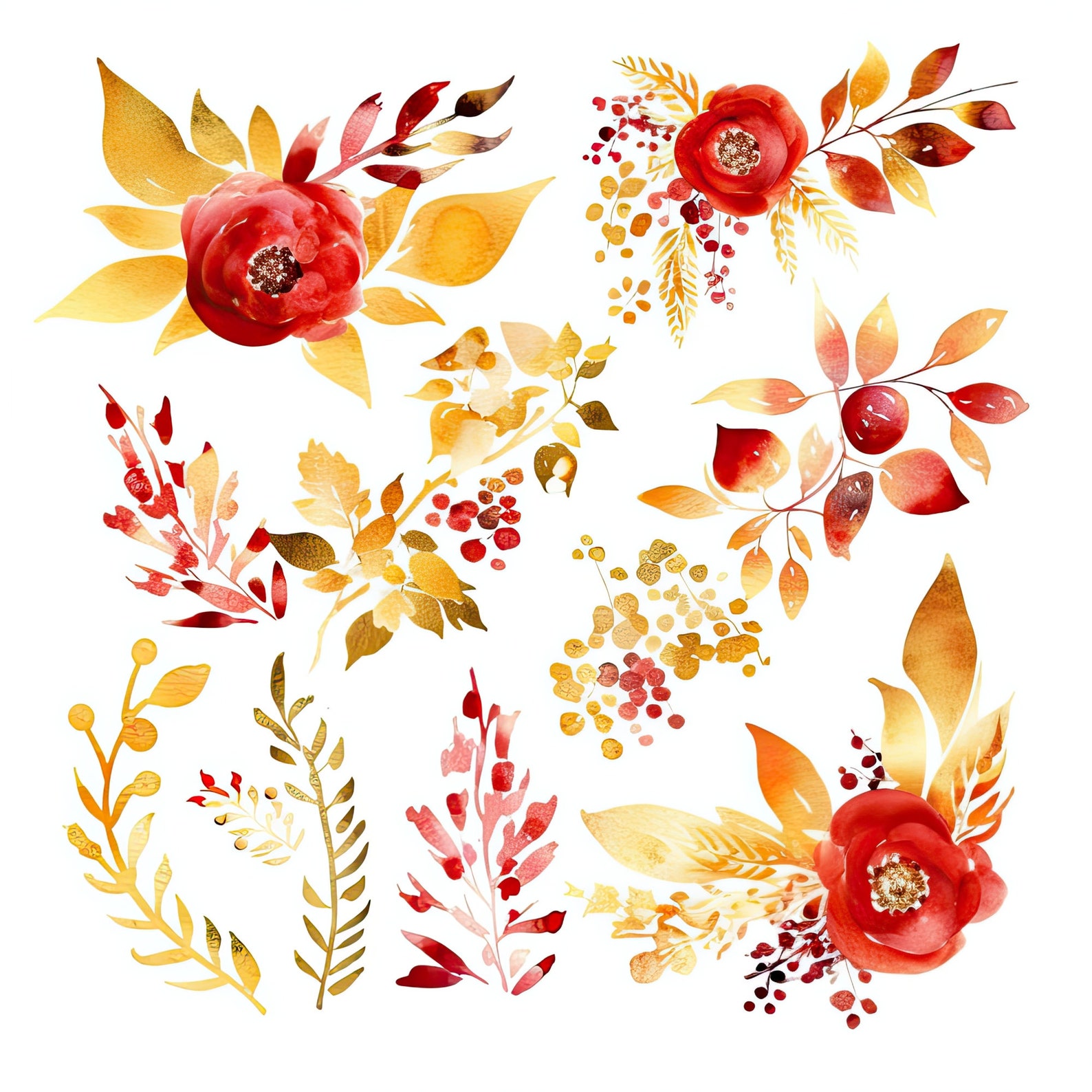 Red and Gold Floral Elements Clipart Create Your Own Rustic Bouquets ...