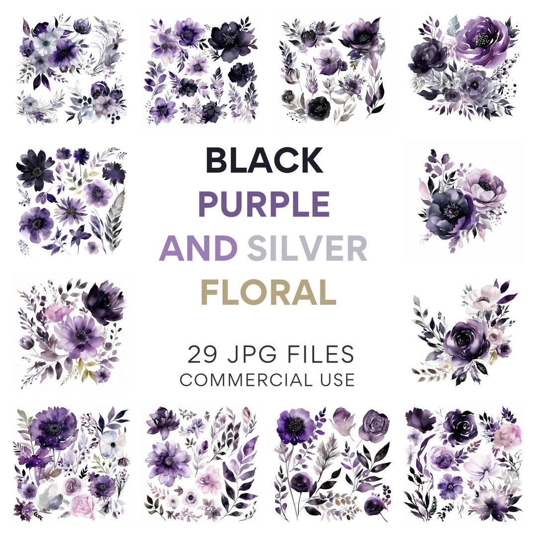 Black Purple & Silver Floral Clipart - Vintage Lavender Bouquets ...