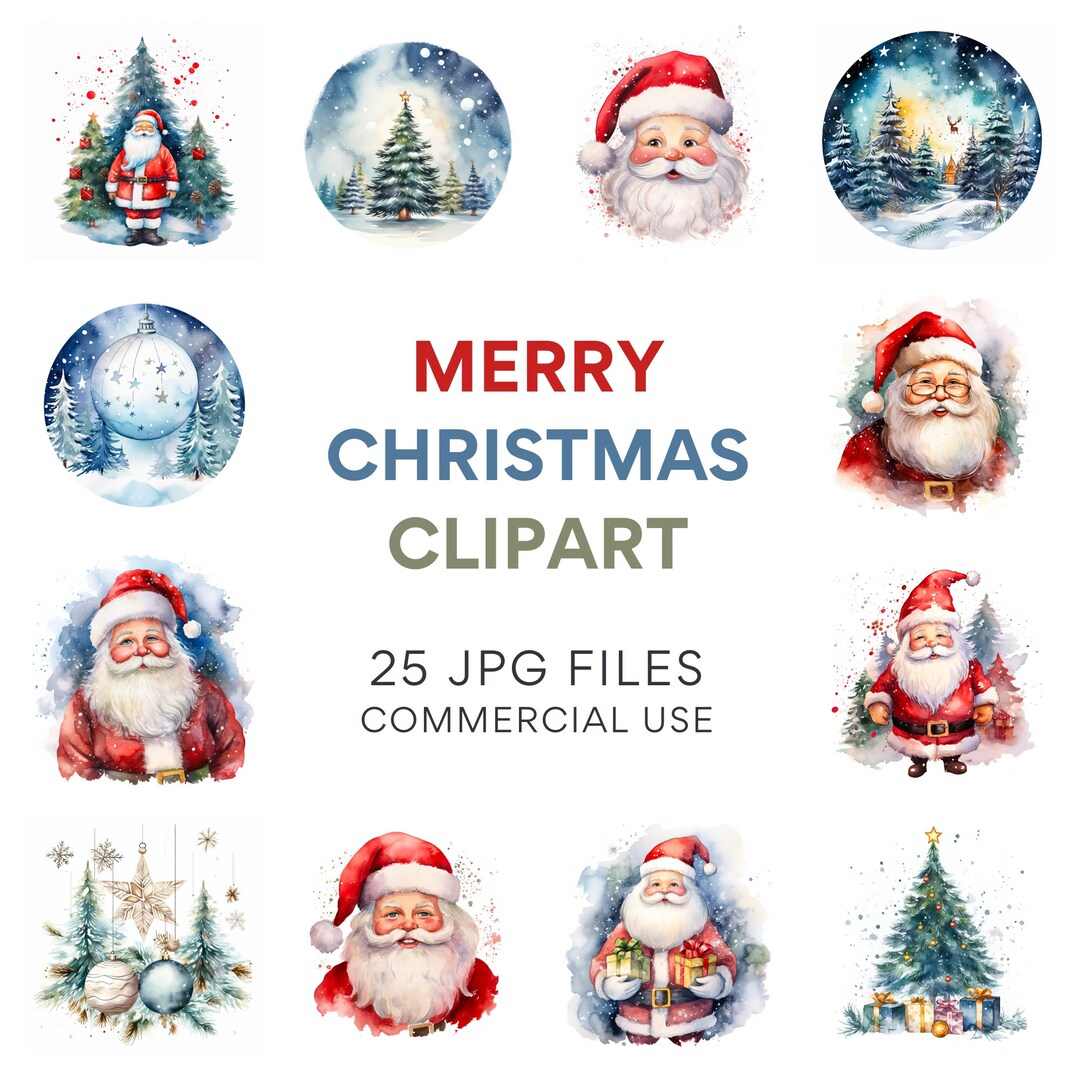 Merry Christmas Clipart Pack, Digital Crafting, Downloadable Watercolor ...