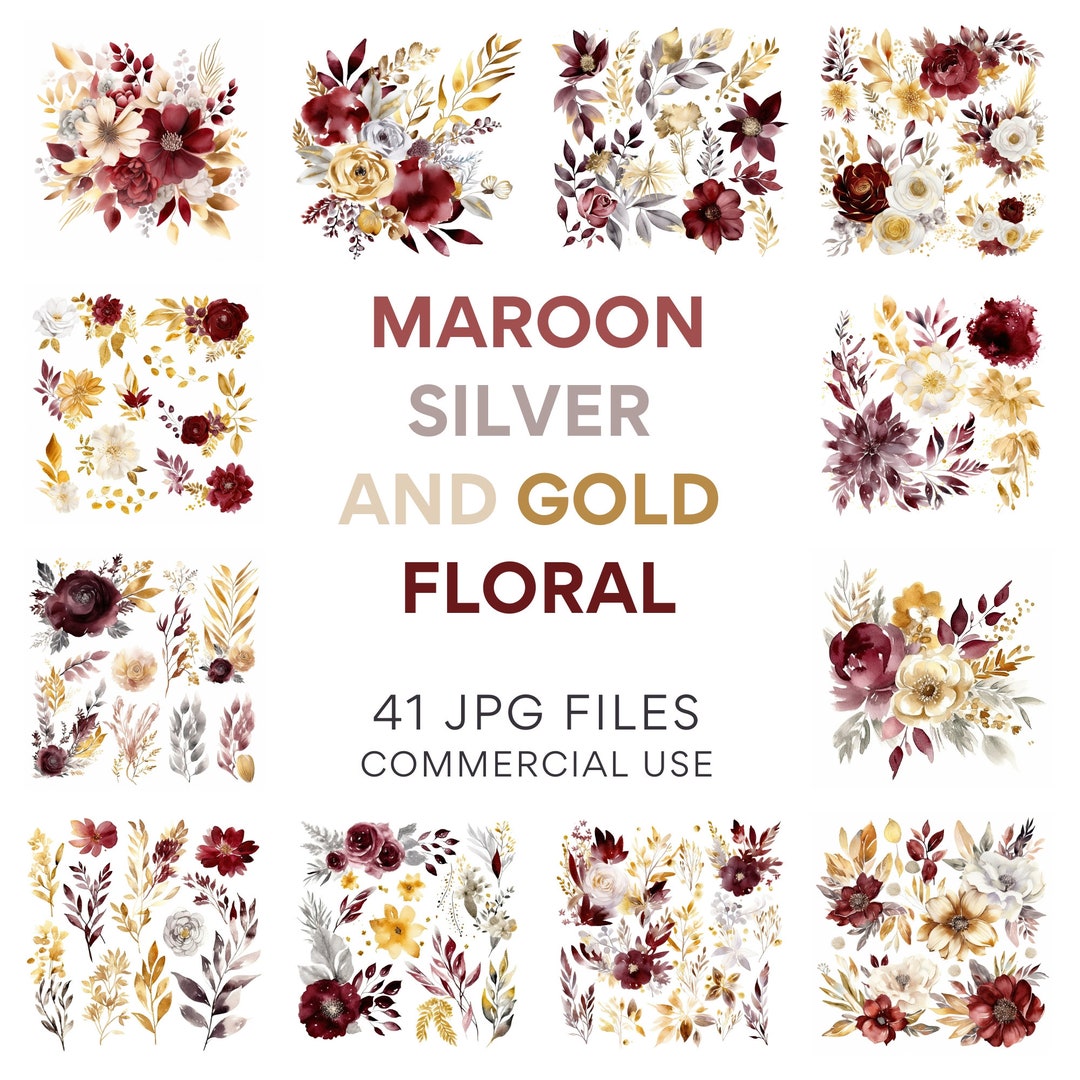 Maroon Silver & Gold Floral Clipart Rustic Wedding Flowers, Maroon ...
