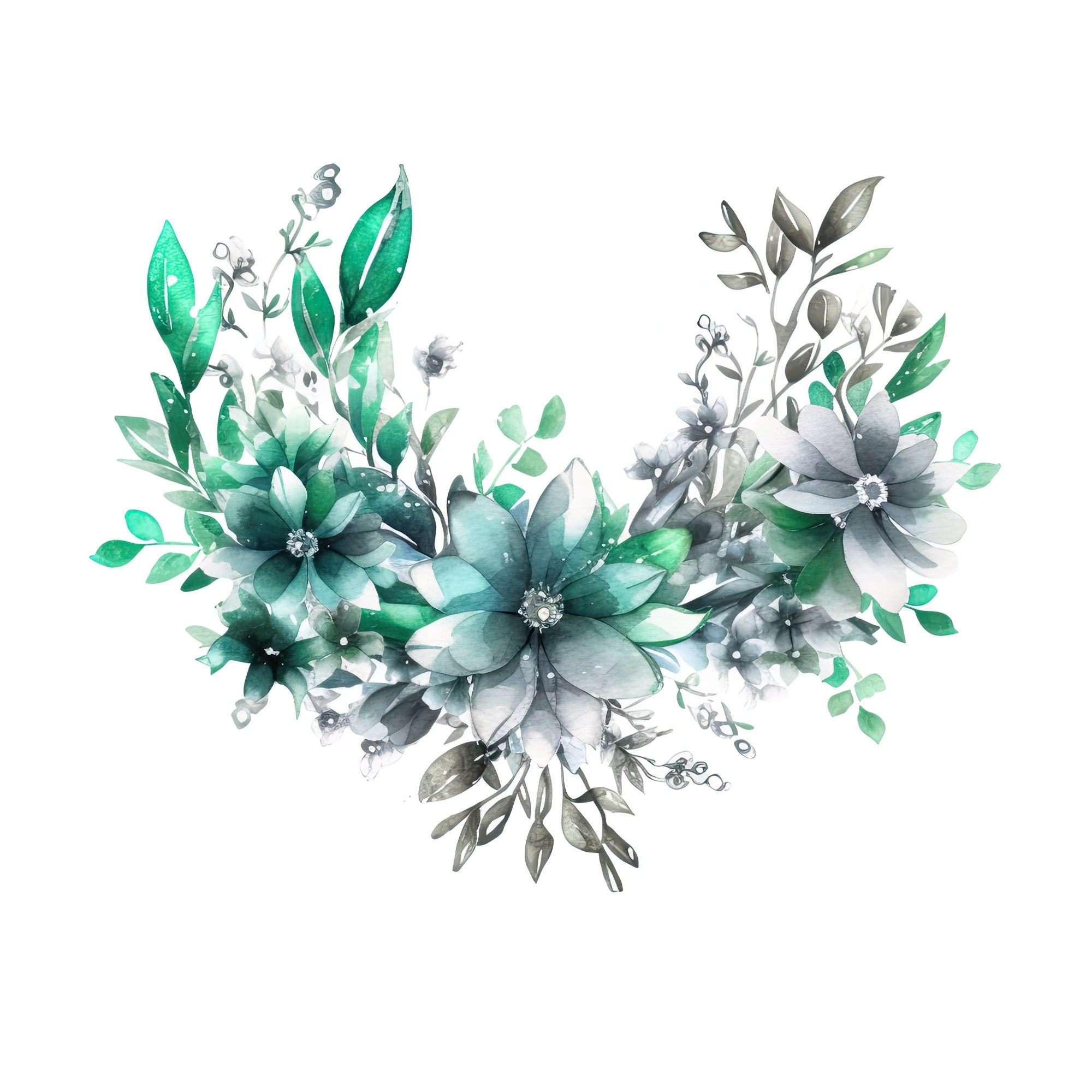 Emerald and Silver Floral Clipart: Rose & Green Bouquets, Vintage ...