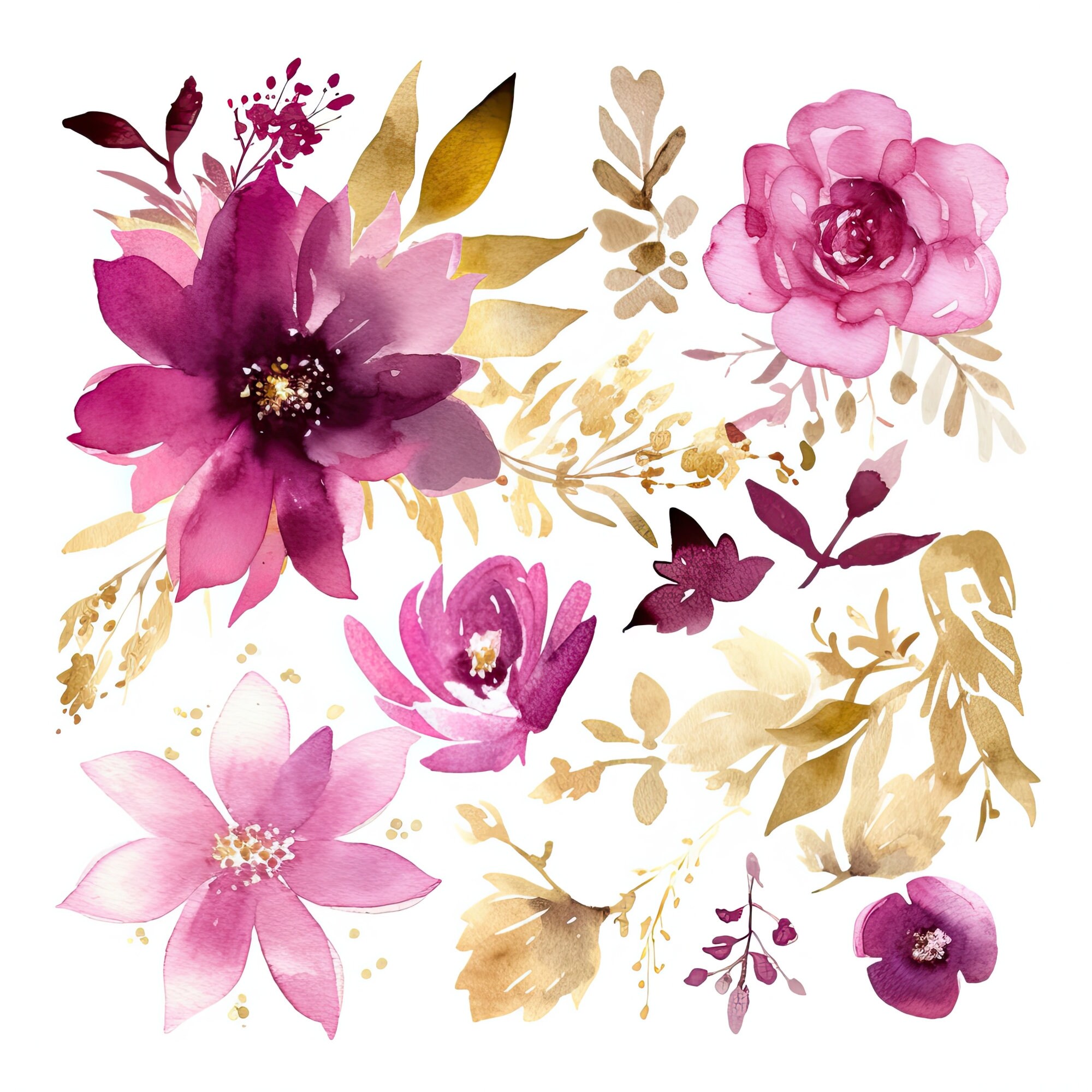 Magenta and Gold Floral Clipart: Vintage Flowers, Rustic Bouquets ...