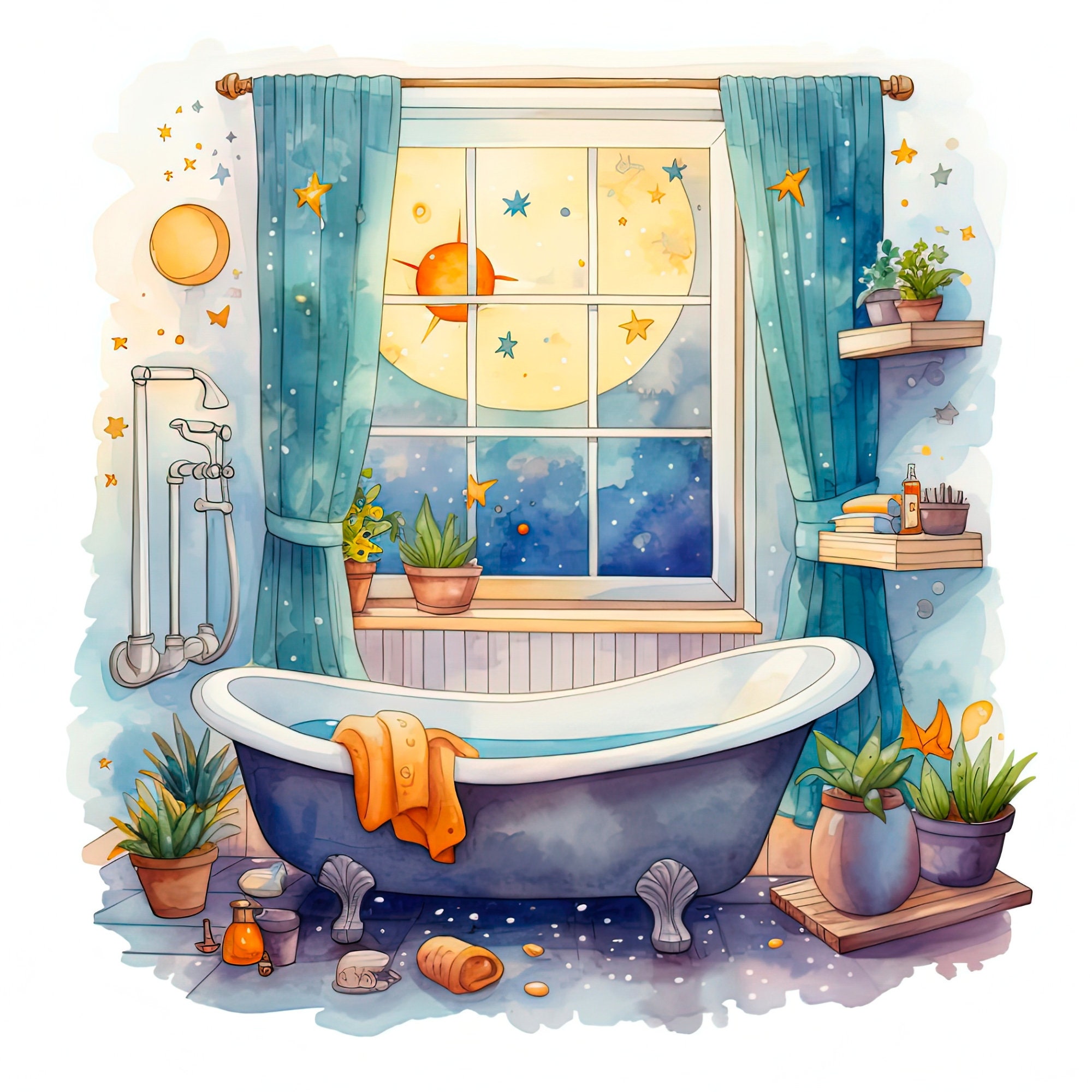 Bathroom Clip Art Bundle: Commercial Use, Watercolor Bathtub Clipart ...