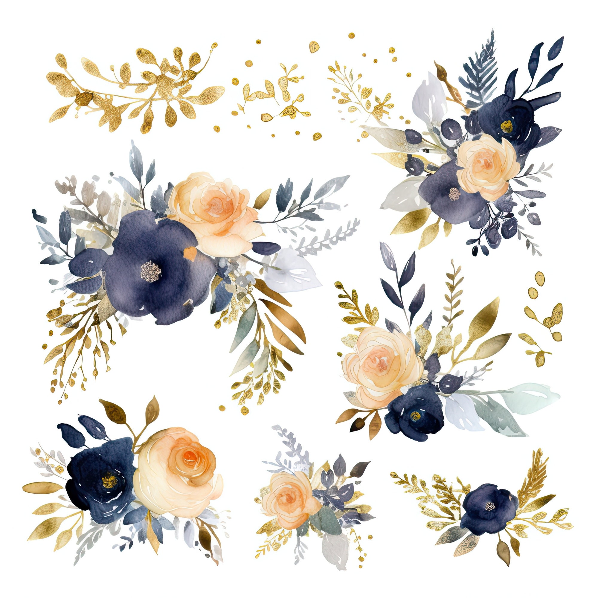 Navy and Gold Floral Bouquets Clipart: Vintage Flowers for Wedding ...