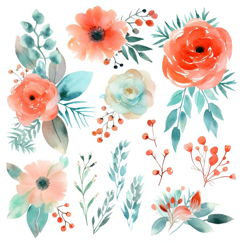 Turquoise and Coral Floral Clipart, Rustic Wedding Flowers, Aqua and ...