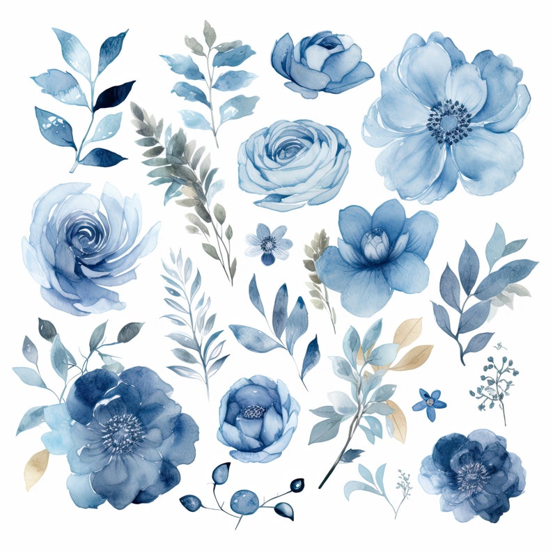Blue & Silver Floral Clipart, Vintage Blue Flower Art, Glitter Overlay ...