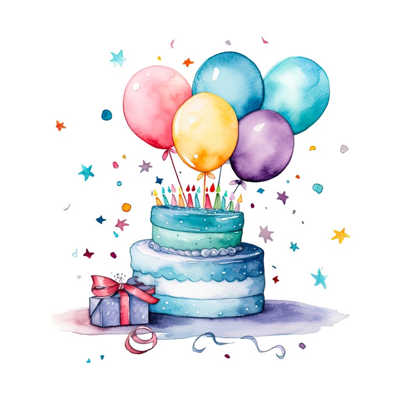 Birthday Party Clip Art Set, Watercolor Clipart Bundle, Colorful ...