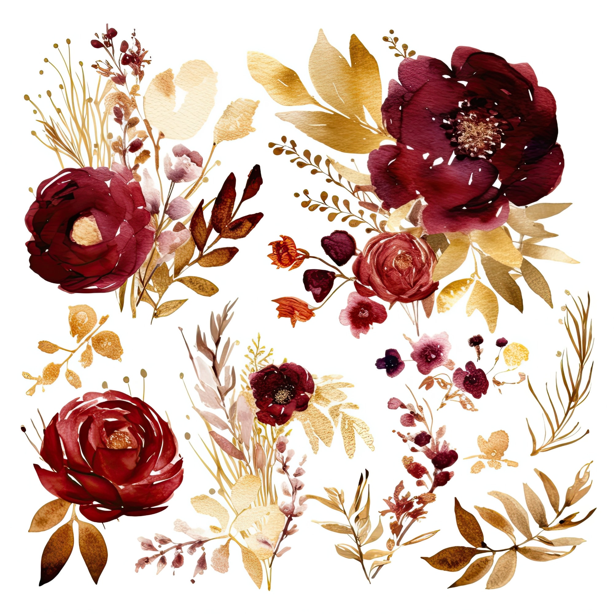 Maroon and Gold Floral Clipart: Rustic Flowers, Maroon Floral Bouquets ...