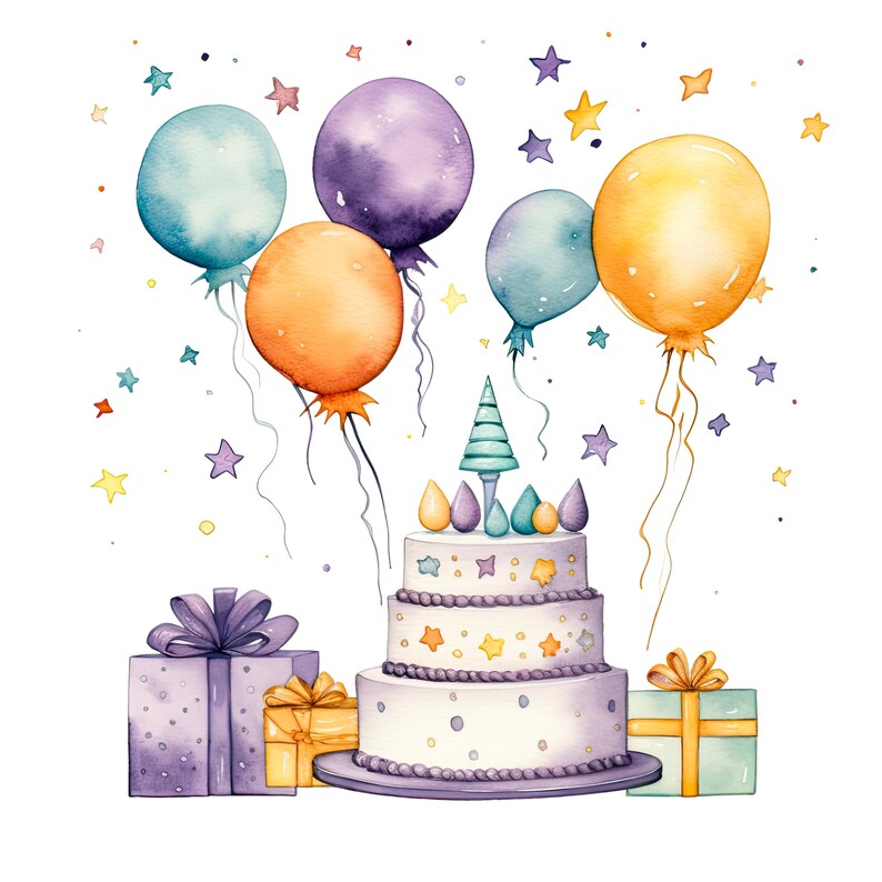 Birthday Party Clip Art Set, Watercolor Clipart Bundle, Colorful ...