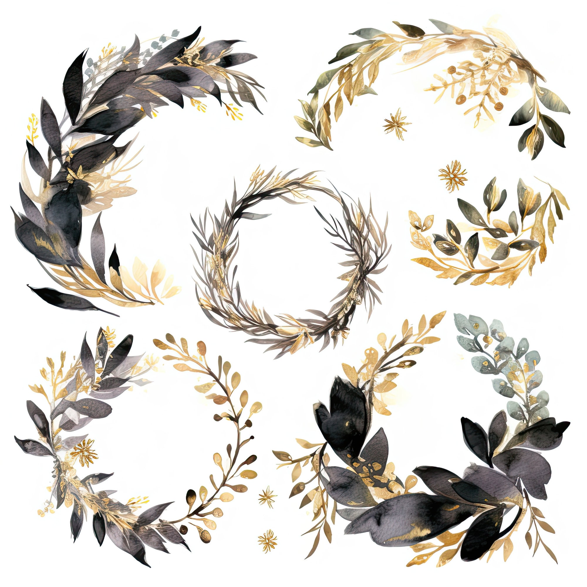 Black and Gold Wreaths Clipart: JPG Floral, Gold Glitter, Black & Gold ...